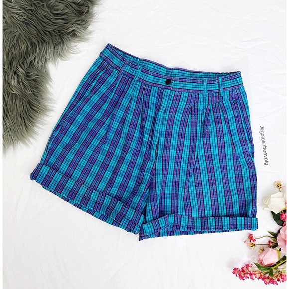 Vintage | Shorts | Vintage Retro Blue Purple Pleated Plaid High Waisted ...